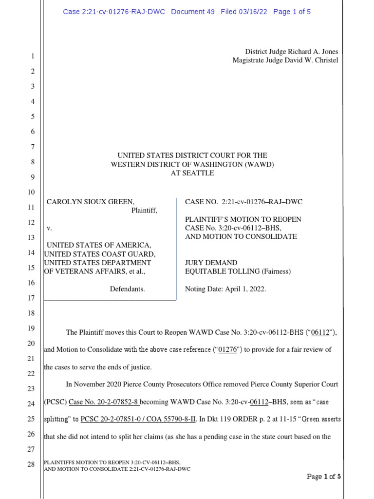 Motion to Reopen and Consolidate Cases | PDF | Complaint | Prejudice ...