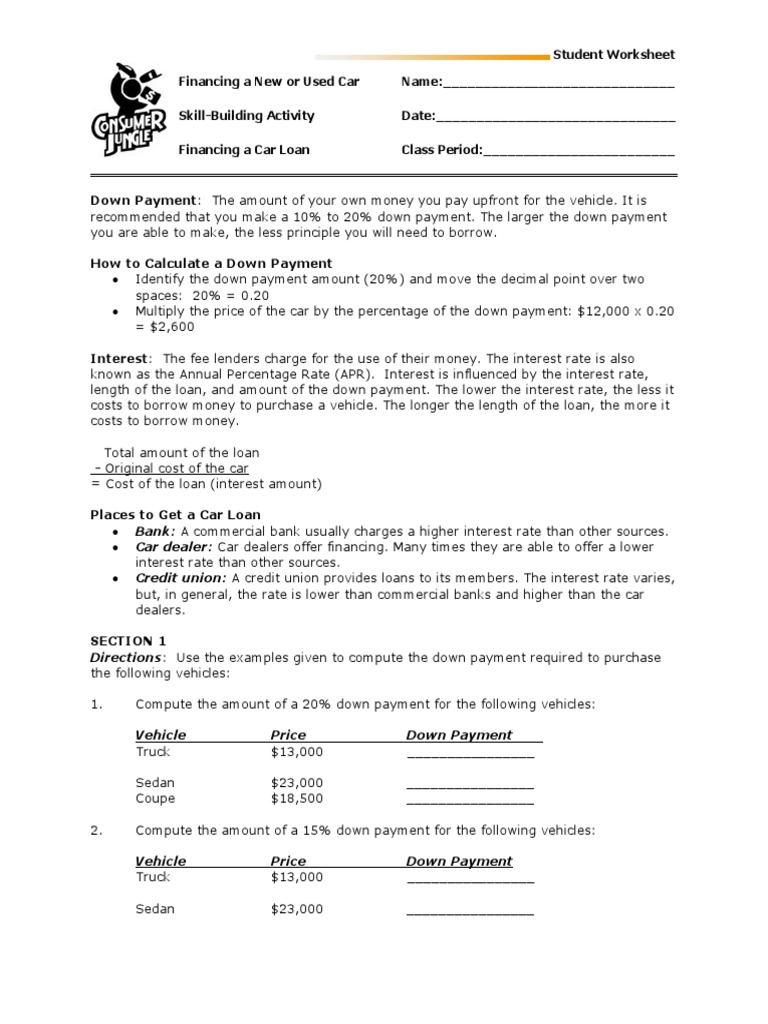Car Financing Worksheet for Students | PDF | Annual Percentage Rate ...
