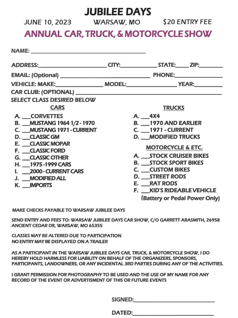 Car Show Registration Form | PDF