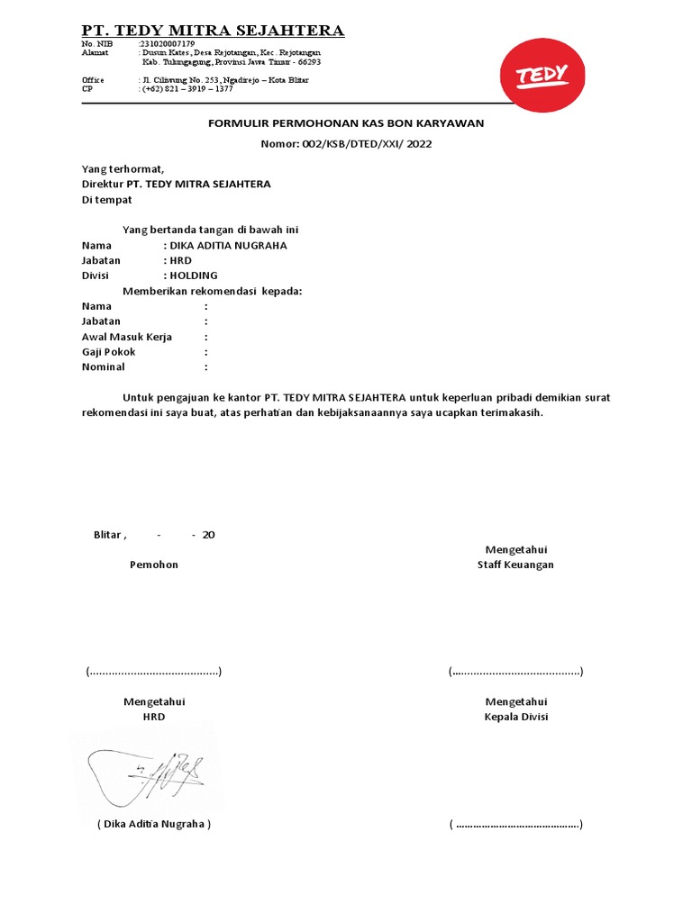 Formulir Permohonan Kas Bon Karyawan | PDF