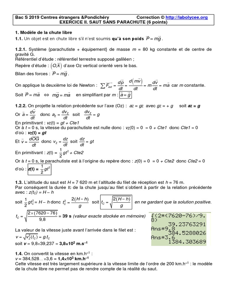 2019 CtresEtrangers Exo2 Correction SautSansParachute 6pts | PDF | Poids | Physique théorique
