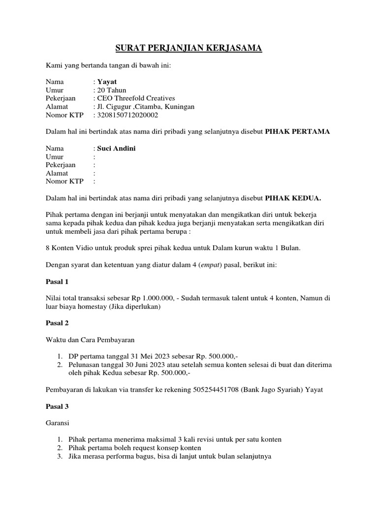 Surat Perjanjian Kerjasama | PDF