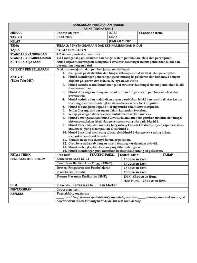 RPH SAINS TINGKATAN 1 4.2 Sistem Pembiakan Manusia | PDF