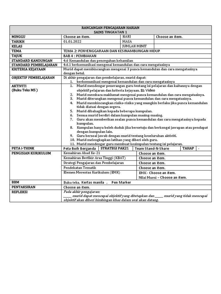 RPH SAINS TINGKATAN 1 - 4.6 Kemandulan Dan Pencegahan Kehamilan | PDF