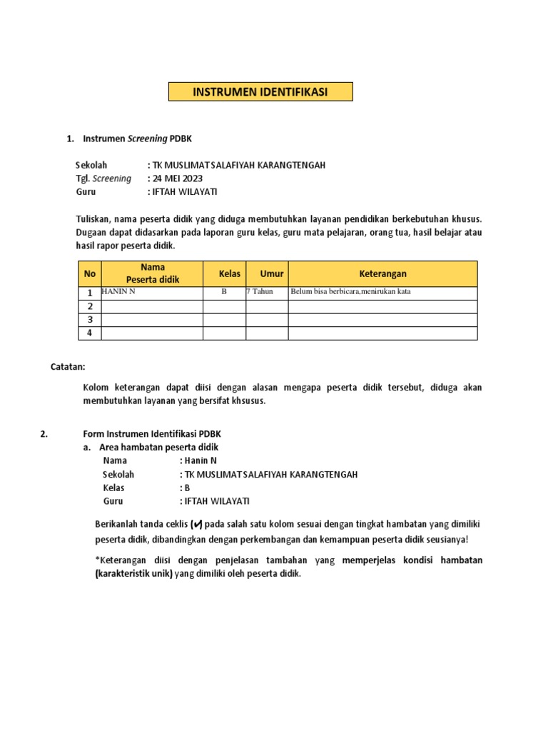 LEMBAR KERJA 1 FORM IDENTIFIKASI FORM LAPORAN HASIL IDENTIFIKASI | PDF