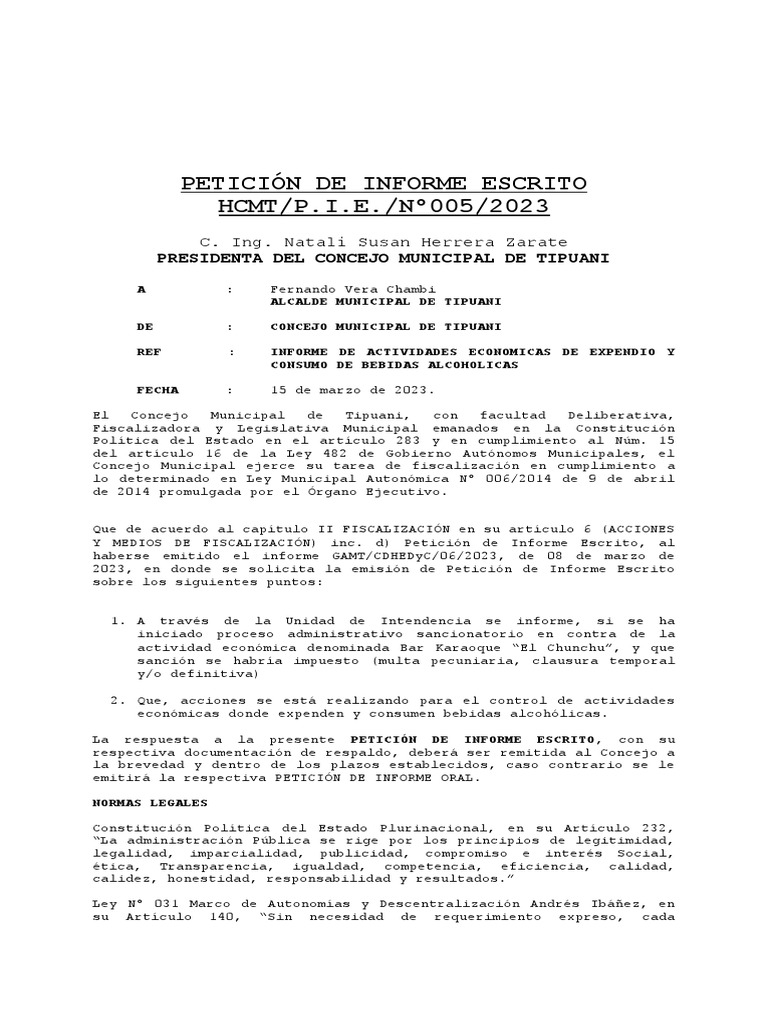 Modelo Petición de Informe Escrito | PDF | Corrupción política | Administración Pública