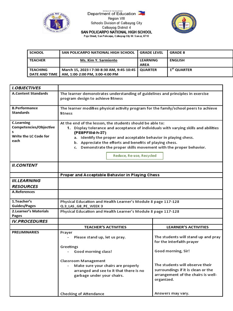 Chess Etiquette Lesson Plan for Grade 8 | PDF | Learning | Physical ...