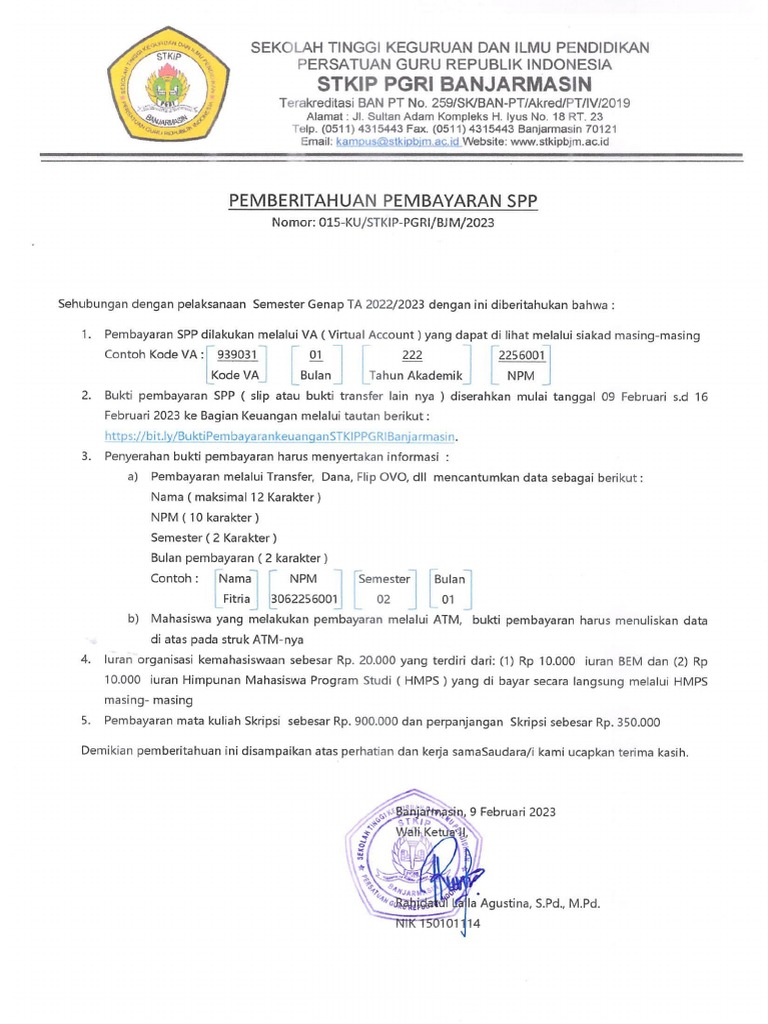 PEMBERITAHUAN PEMBAYARAN SPP | PDF