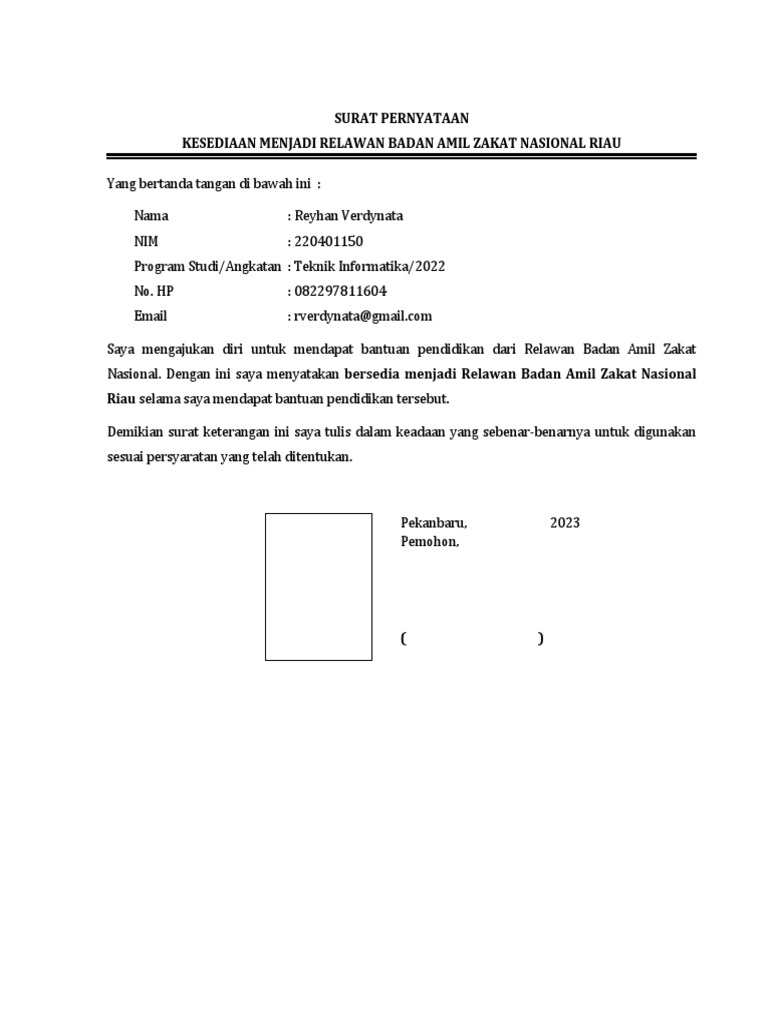 Surat Kesediaan Menjadi Relawan Reyhan Verdynata | PDF
