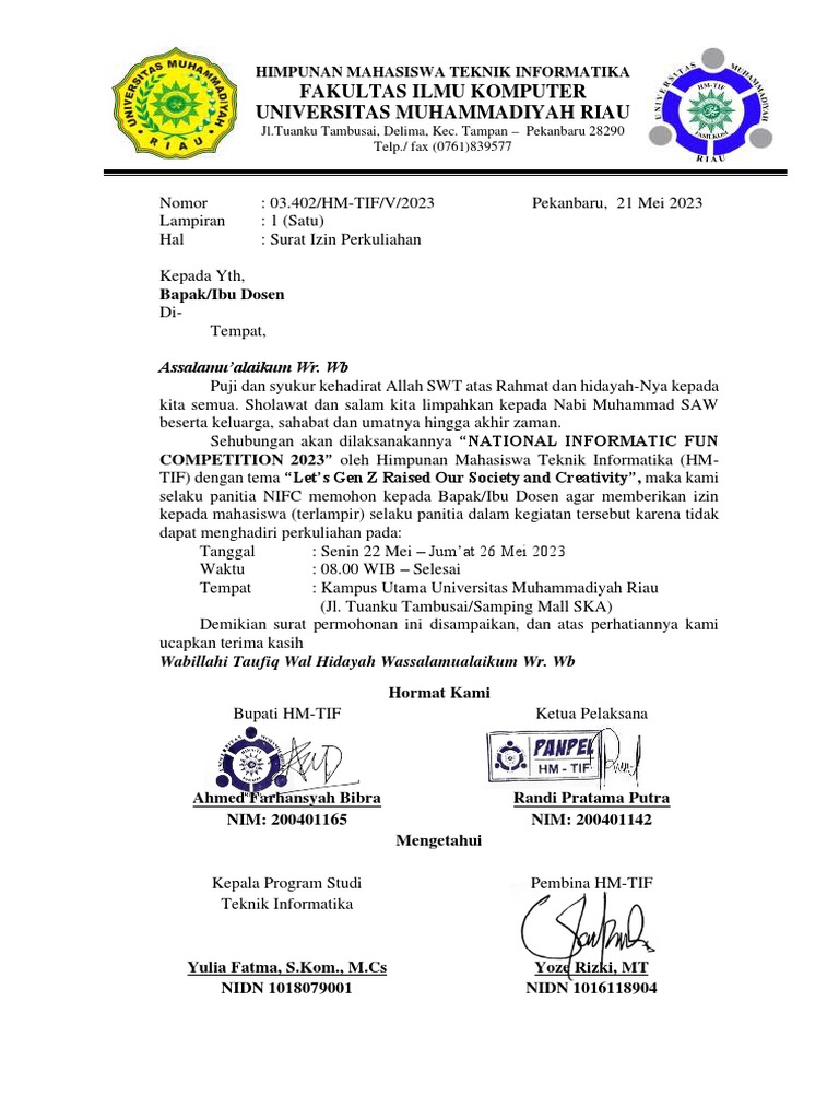 Izin Perkuliahan NIFC 2023 | PDF