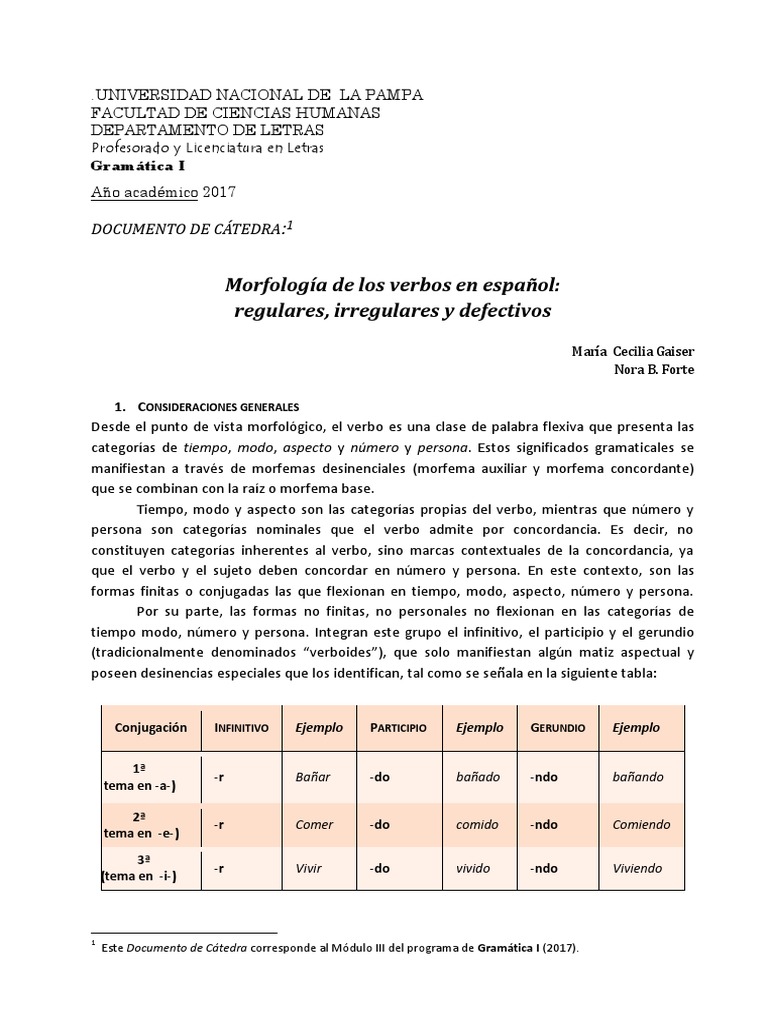 Morfología De Los Verbos En Español Pdf Verbo Conjugación Gramatical