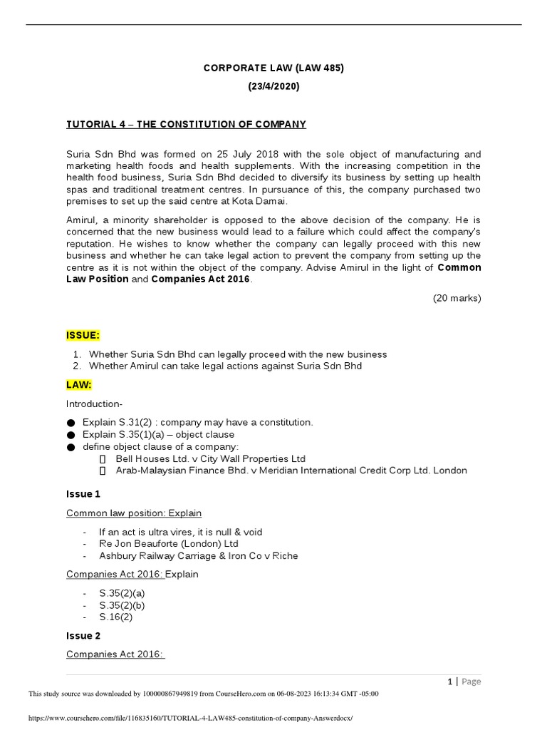 TUTORIAL 4 LAW485 Constitution of Company Answer .Docx | PDF