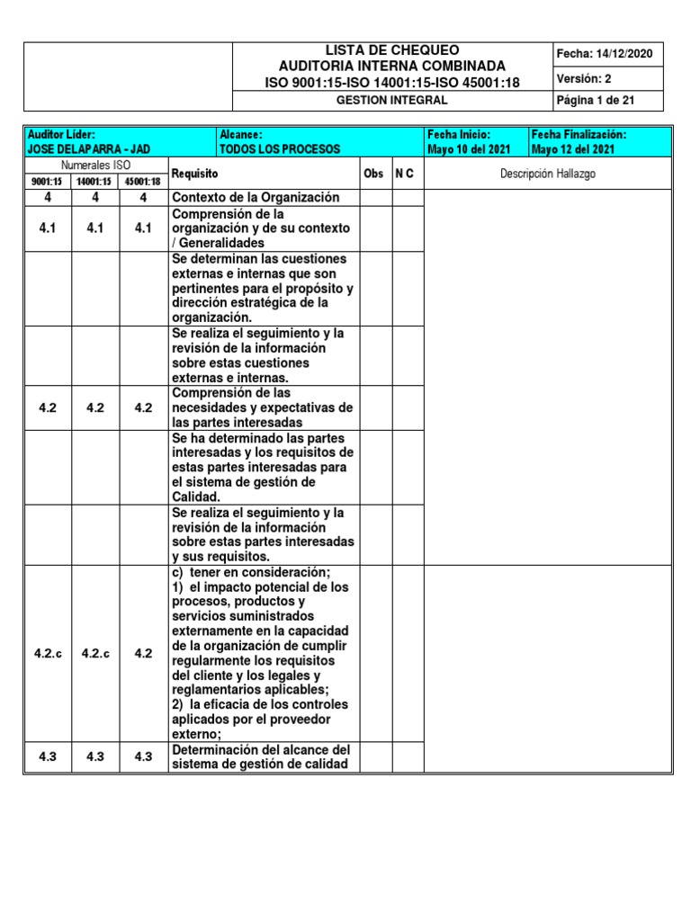 Lista de Verificacion - Auditoria Interna Combinada 9K-14K-45K | PDF ...