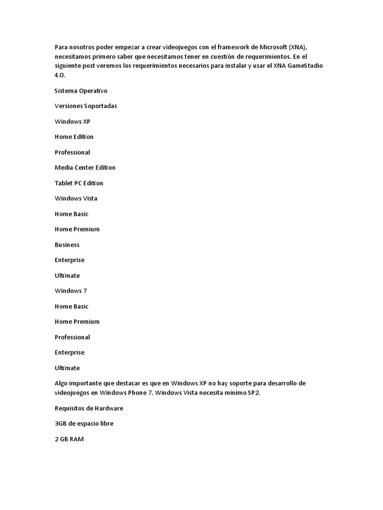 Requisitos para XNA Game Studio 4.0 | PDF | Informática