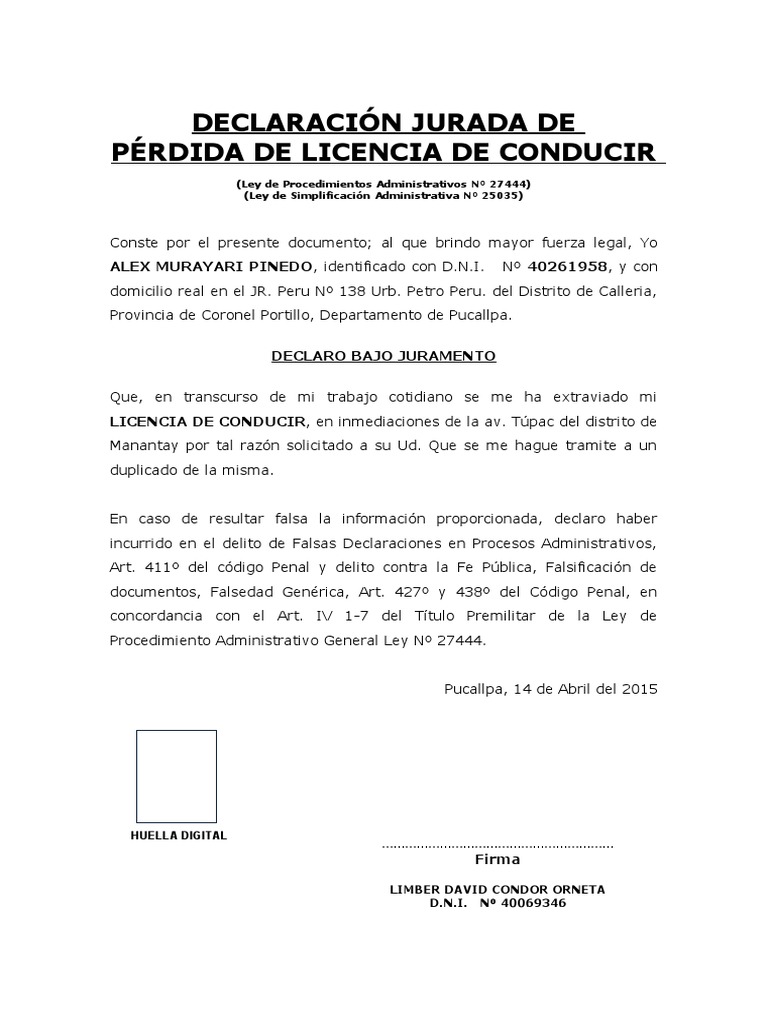 Declaración Jurada Perdida de Licencia | PDF