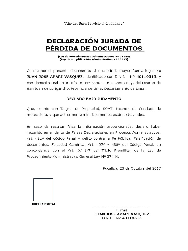 Declaración Jurada Perdida de Documentos | PDF