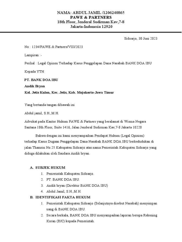 Contoh Surat Legal Opinion | PDF