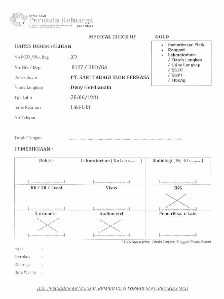 Contoh Formulir Medical Check Up 2018 | PDF
