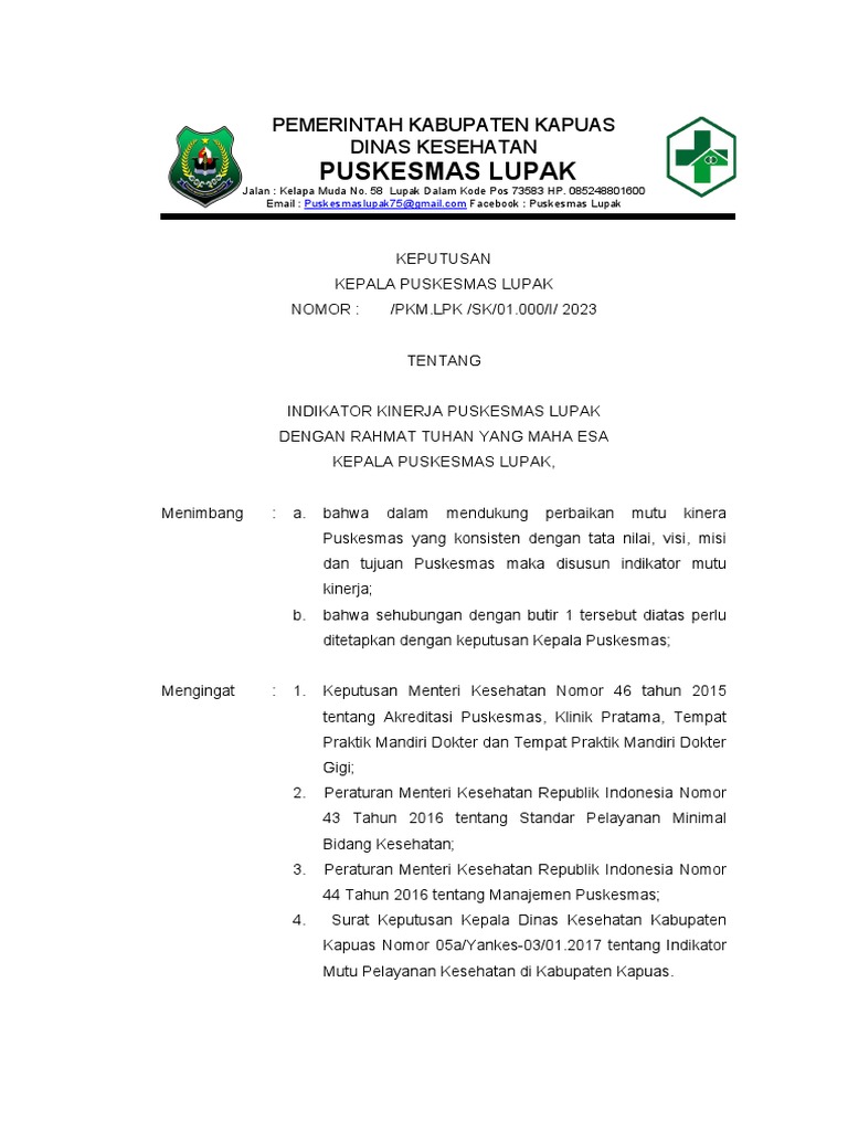 SK Penetapan Indikator Mutu Dan Kinerja Puskesmas Lupak | PDF ...