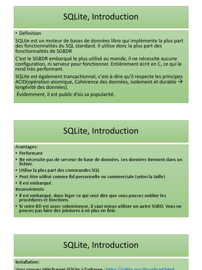 Introduction à SQLite : Fonctionnalités et Utilisation | PDF | SQL ...