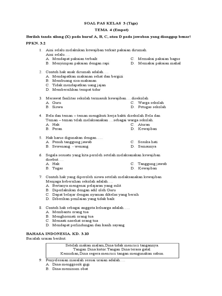 Soal Pas KLS 3 Tema 4 | PDF
