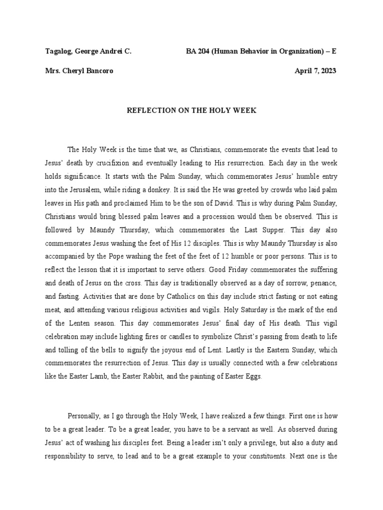 Reflection On The Holy Week | PDF | Lent | Worship