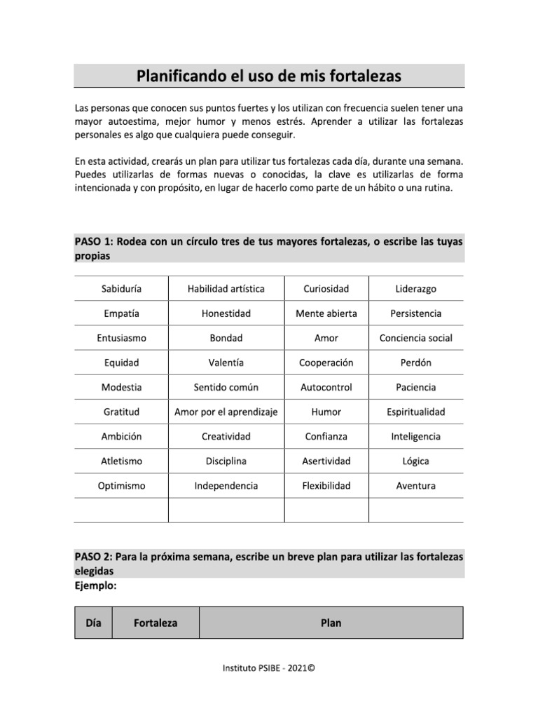 PSIBE - Planificando El Uso de Mis Fortalezas | PDF