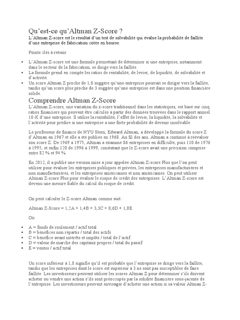 Comprendre Le Z Score | PDF | Ratio financier | Capitaux propres