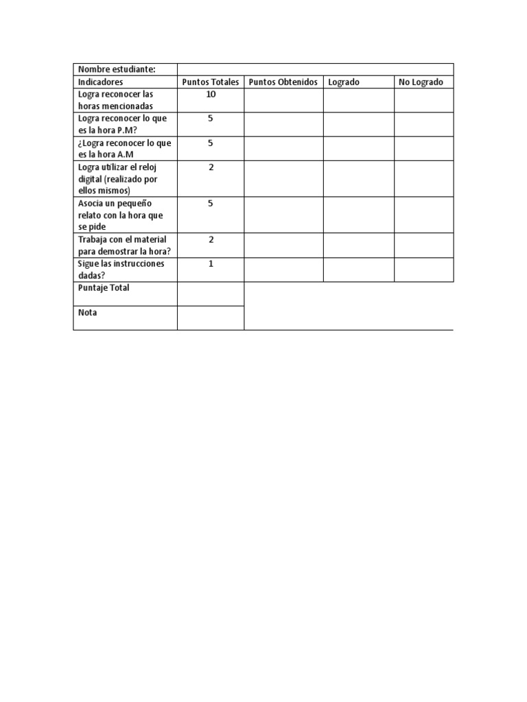 Pauta de Evaluación (Control Mate. Identificar Hora) | PDF