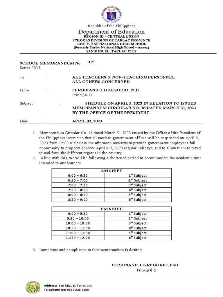 School Memo - April 5 Schedule | PDF | Philippines
