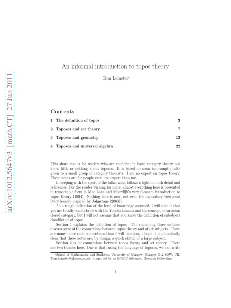 An Informal Introduction To Topos Theory - Tom Leinster - 2011 | PDF