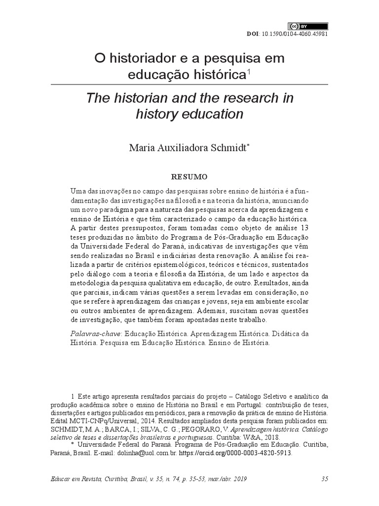 O Historiador e A Pesquisa em Educação Histórica SCHMIDT | PDF ...