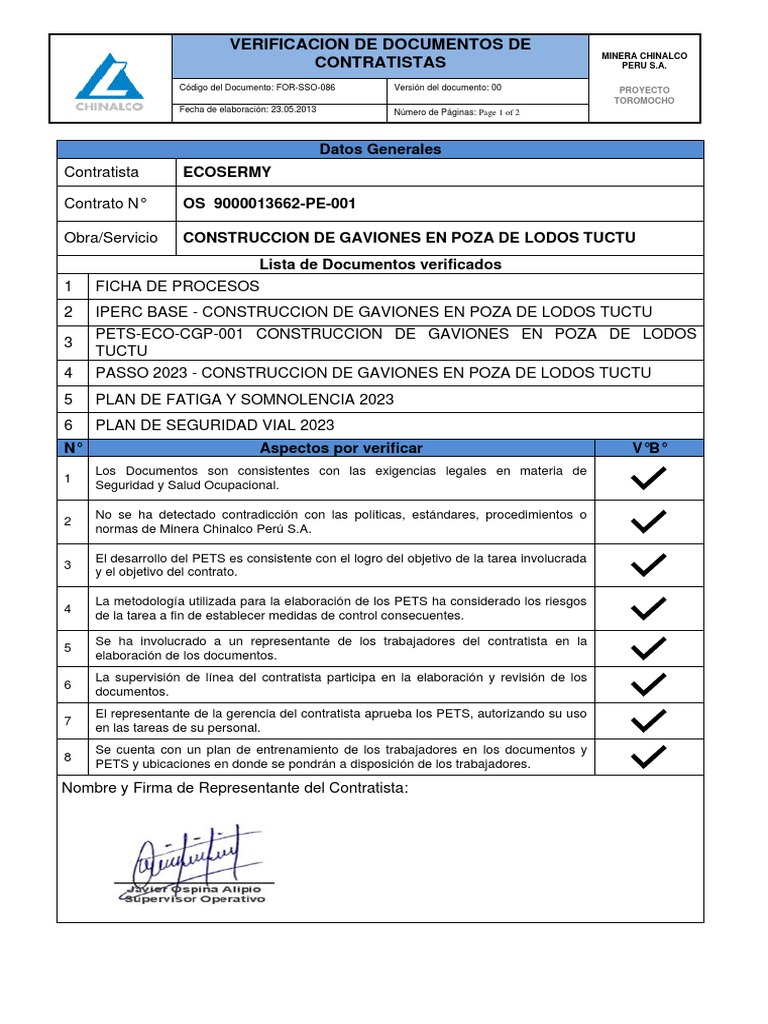 FOR-SSO-086 Verificación de Documentos de Contratistas | PDF