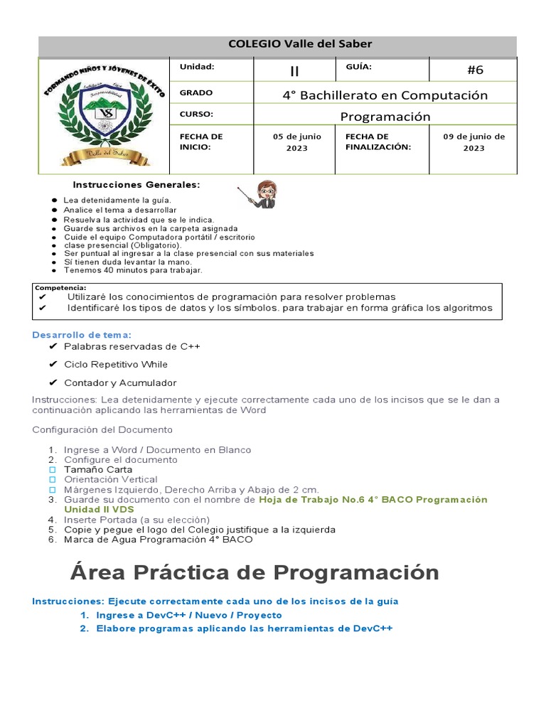 v1h5 Hoja Trabajo No.7 4 BACO Unidad II VDB Programacion 2023 | Descargar gratis PDF ...