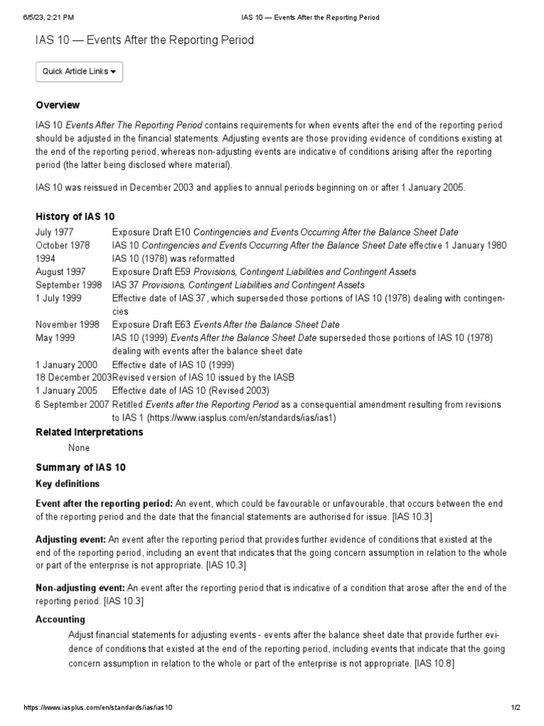 IAS 10: Events After Reporting Period | PDF | Going Concern | Financial ...