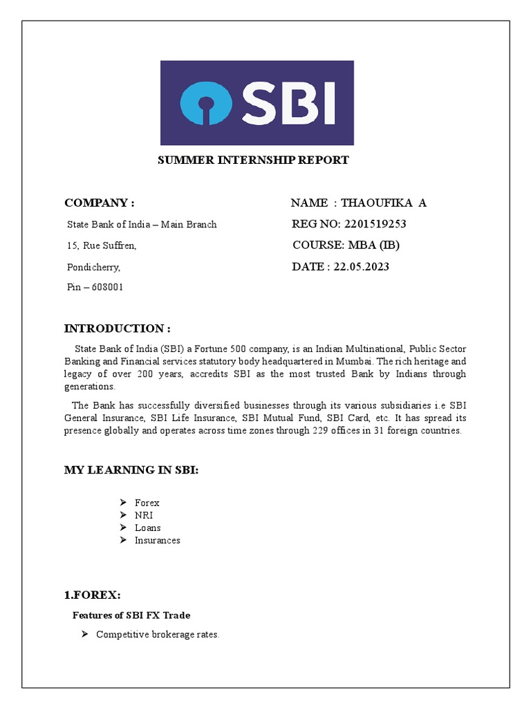 THOUFIKA SUMMER INTERNSHIP REPORT S | PDF | Foreign Exchange Market ...