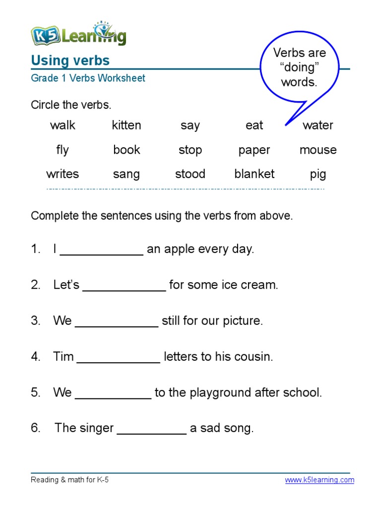 Grammar Worksheet Grade 1 Verbs Sentences 1 | PDF
