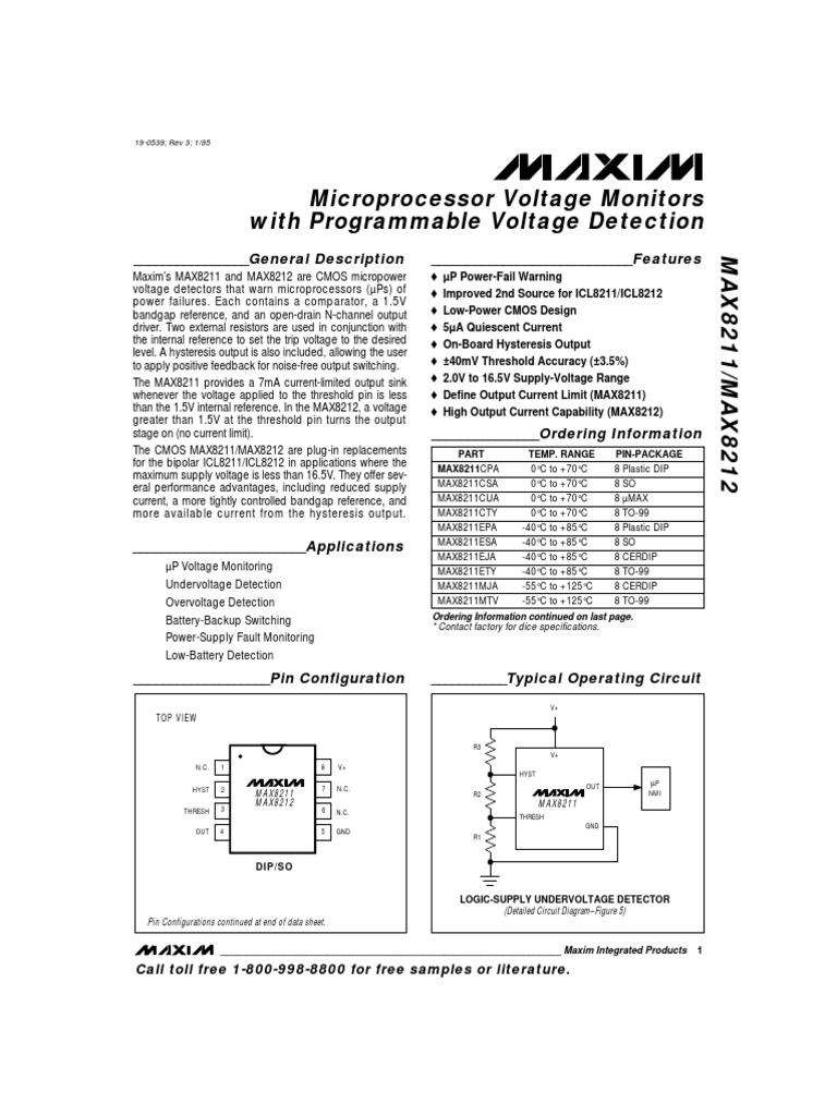 MAX8211/MAX8212 Voltage Detectors | PDF