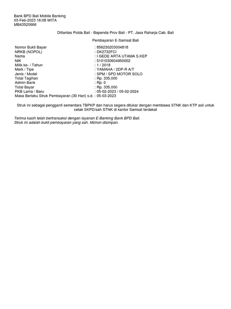 Contoh Resi Samsat Online | PDF