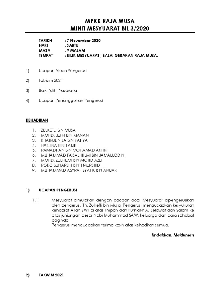 Contoh Minit Mesyuarat | PDF
