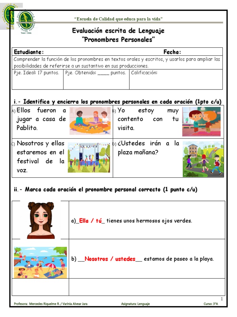 EVALUACIÓN PRONOMBRES Primero | PDF | Lingüística | Sintaxis