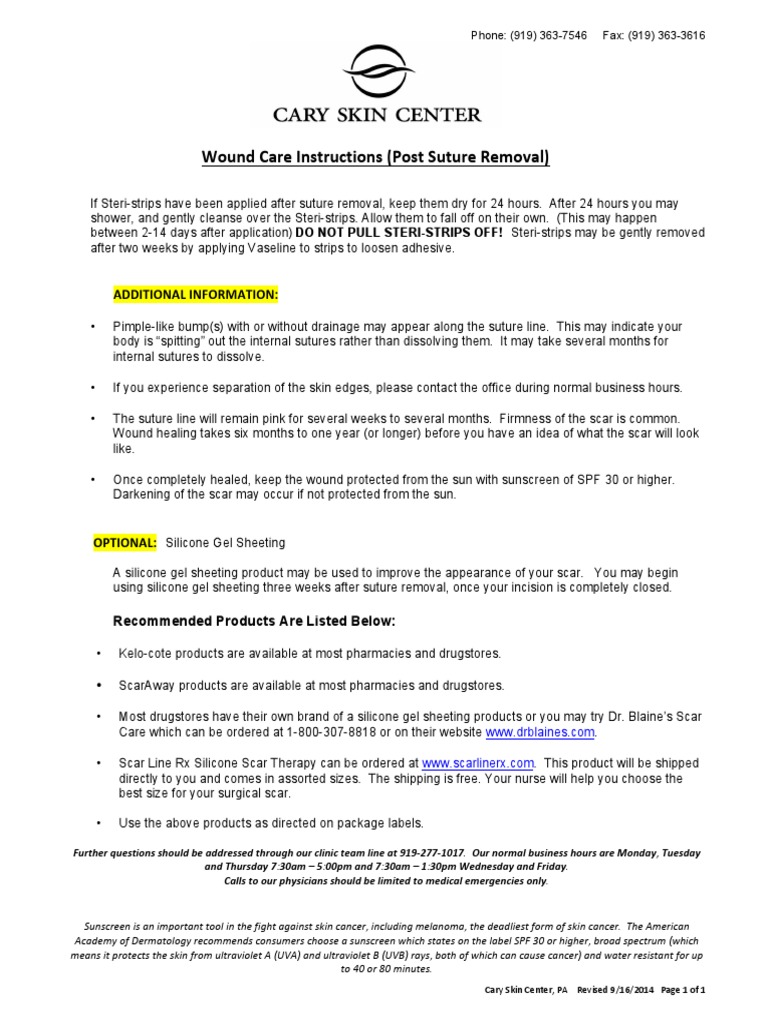 8.20.14 WC Post Suture Removal Instructions | PDF | Sunscreen | Dermatology