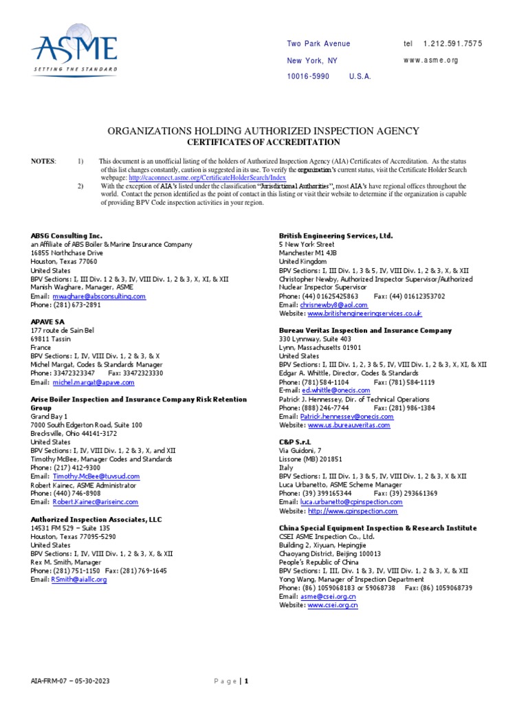 BPV Certification List of Authorized Inspection Agencies | PDF ...