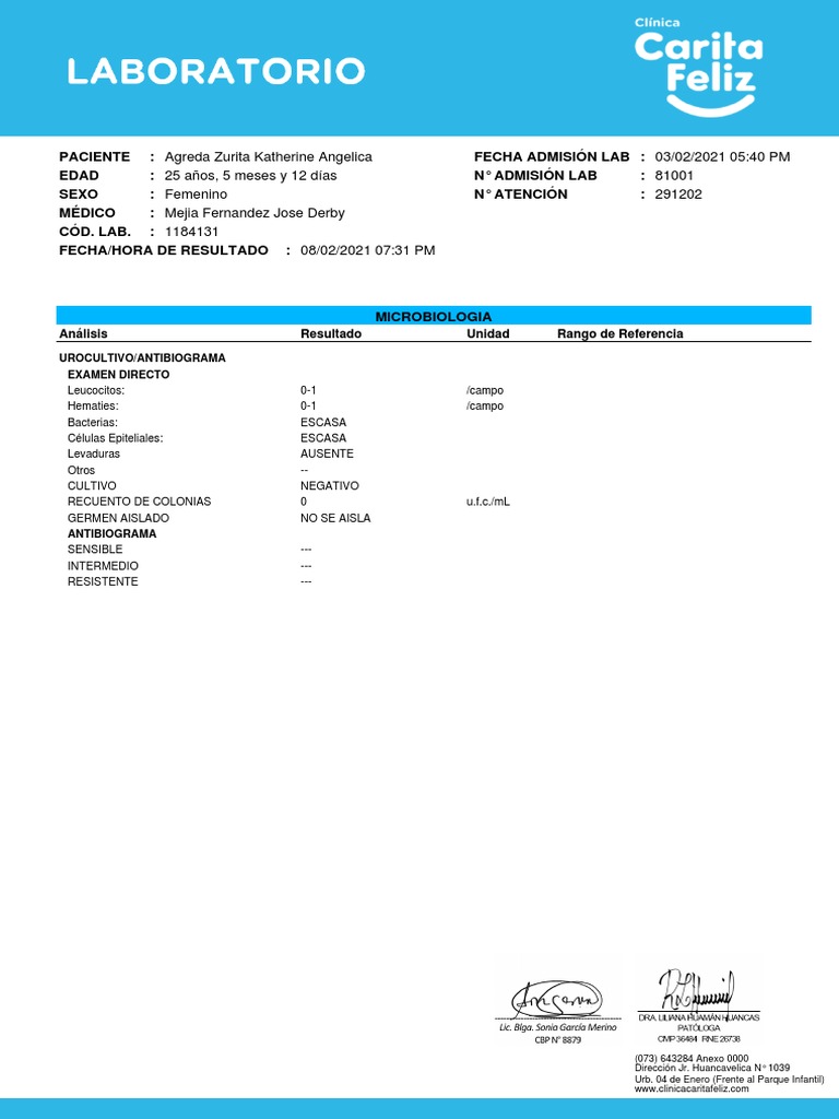Análisis Resultado Unidad Rango de Referencia: Urocultivo/Antibiograma Examen Directo | PDF