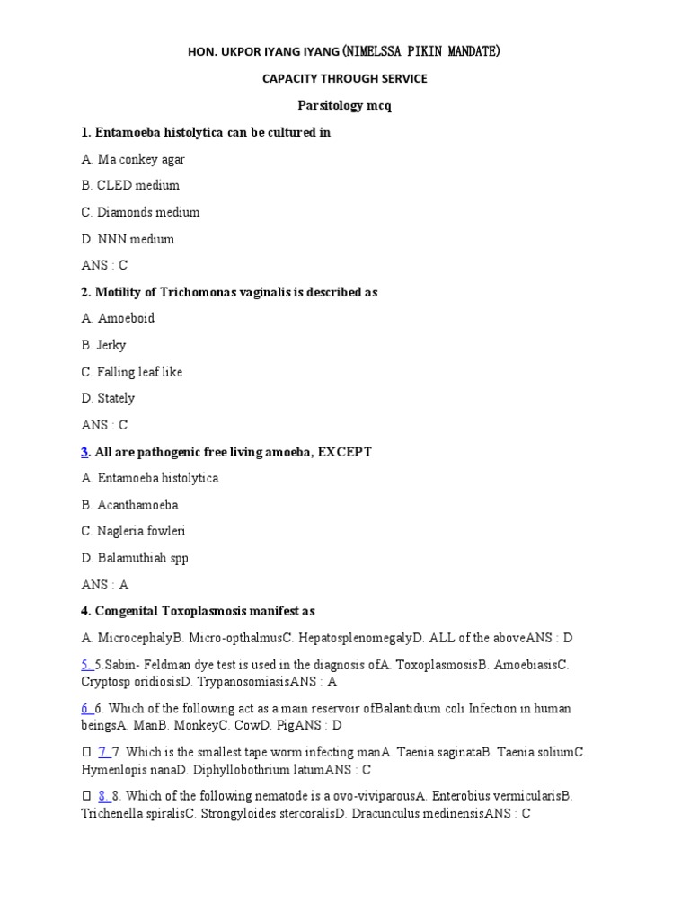Prof Parasitology by HON. UKPOR IYANG IYANG | PDF | Parasitology | Medical Specialties