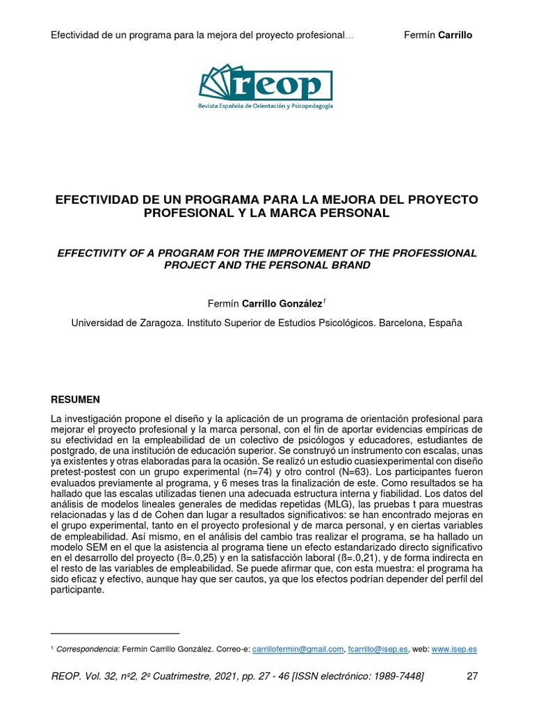 Efectividad de Un Programa para La Mejora Del Proyecto | PDF | Autoeficacia | Diseño