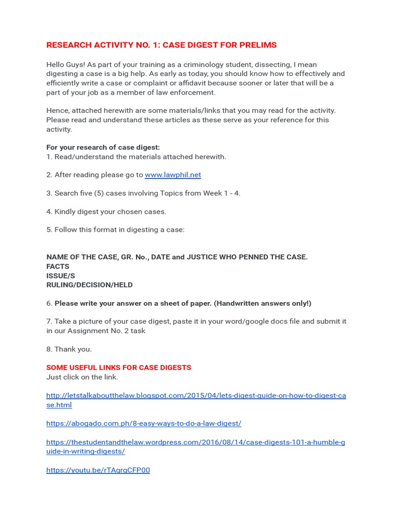 CLJ 3 - Research Activity No. 1 - Case Digest For Prelims | PDF
