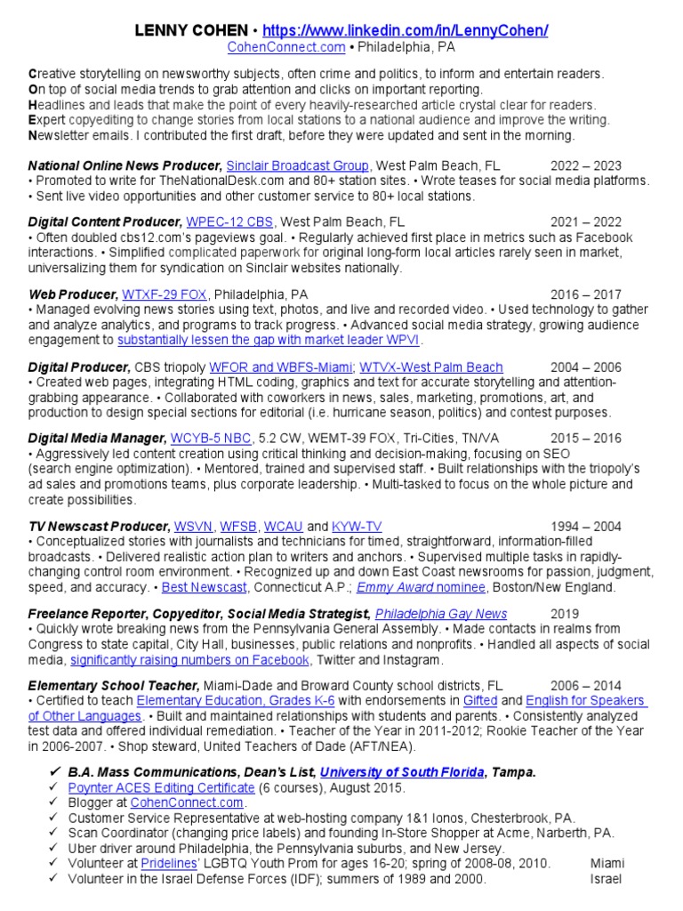 Lenny Cohen's Resume | PDF | Social Media | Popular Culture & Media Studies