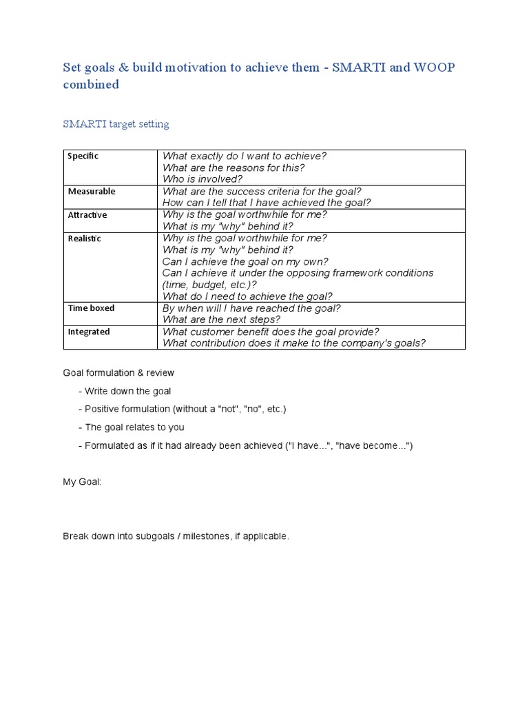 Set Goals & Build Motivation To Achieve Them - SMARTI and WOOP Combined | PDF | Career & Growth
