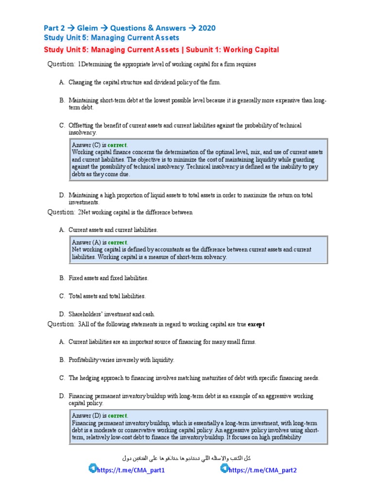 Gleim Questions & Answers 2020: Study Unit 5: Managing Current Assets - Subunit 1: Working ...